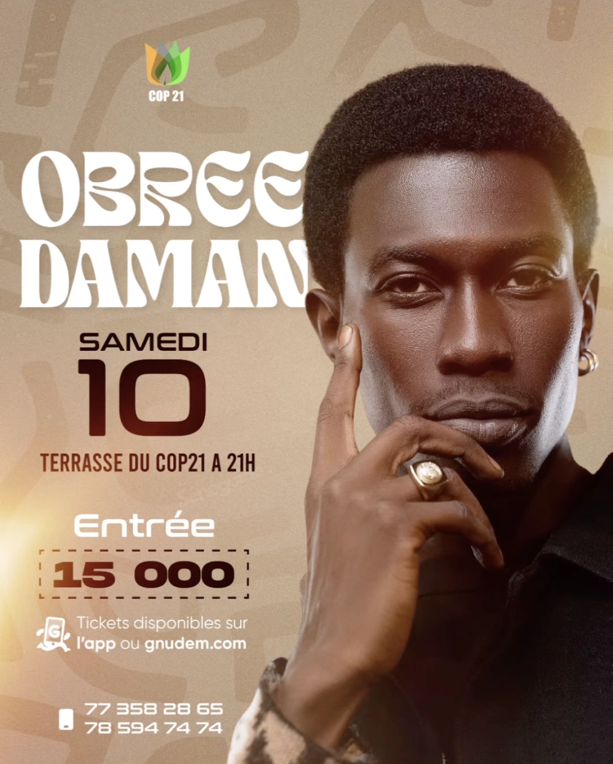 🎤 Obree Daman en concert live – Samedi 10 mai sur la terrasse du COP21 🌟